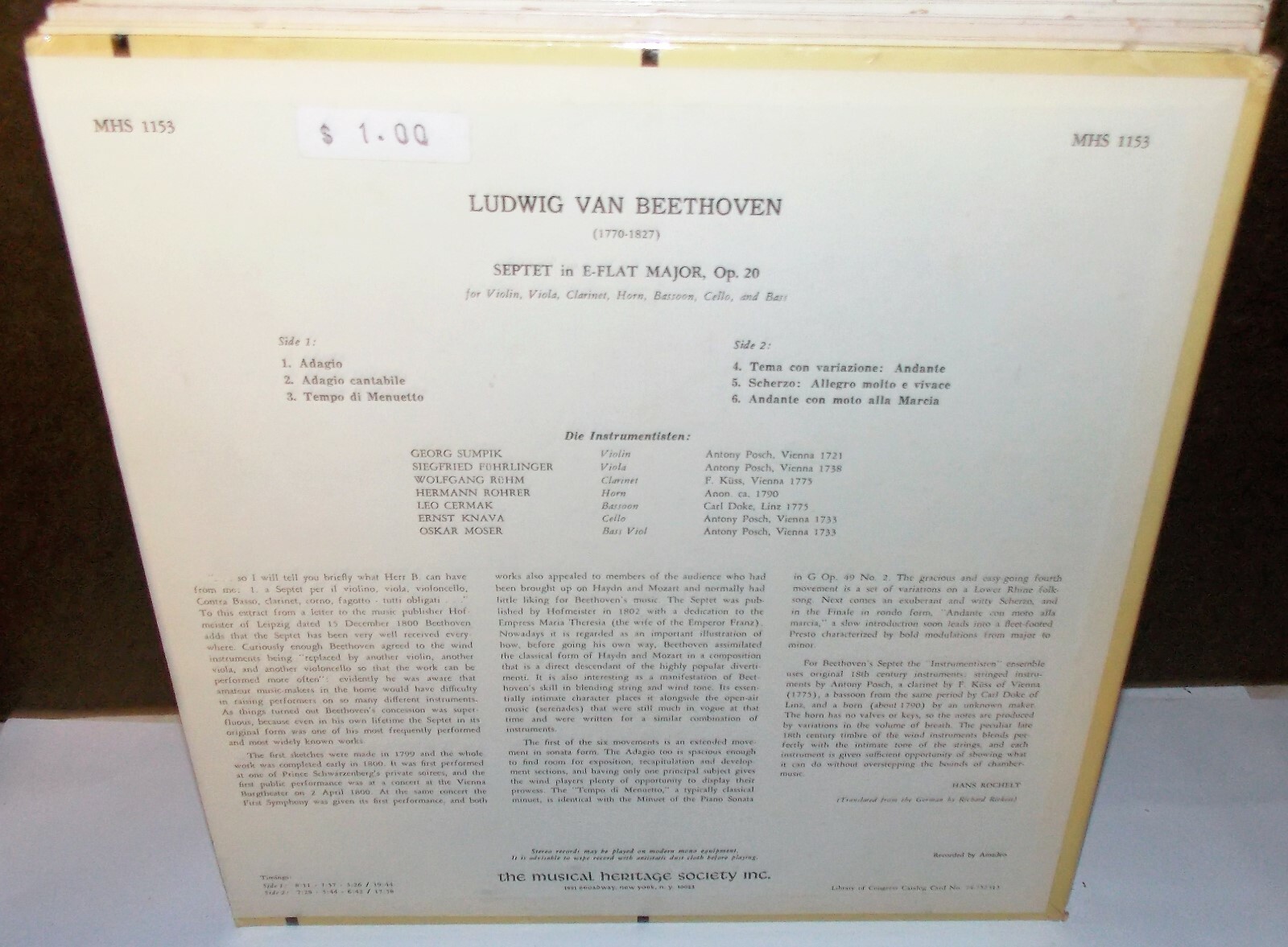 1991 BEETHOVEN SEPTET E-FLAT MAJOR OP. 20 ON ORIGINAL INSTRUMENTS MHS ...