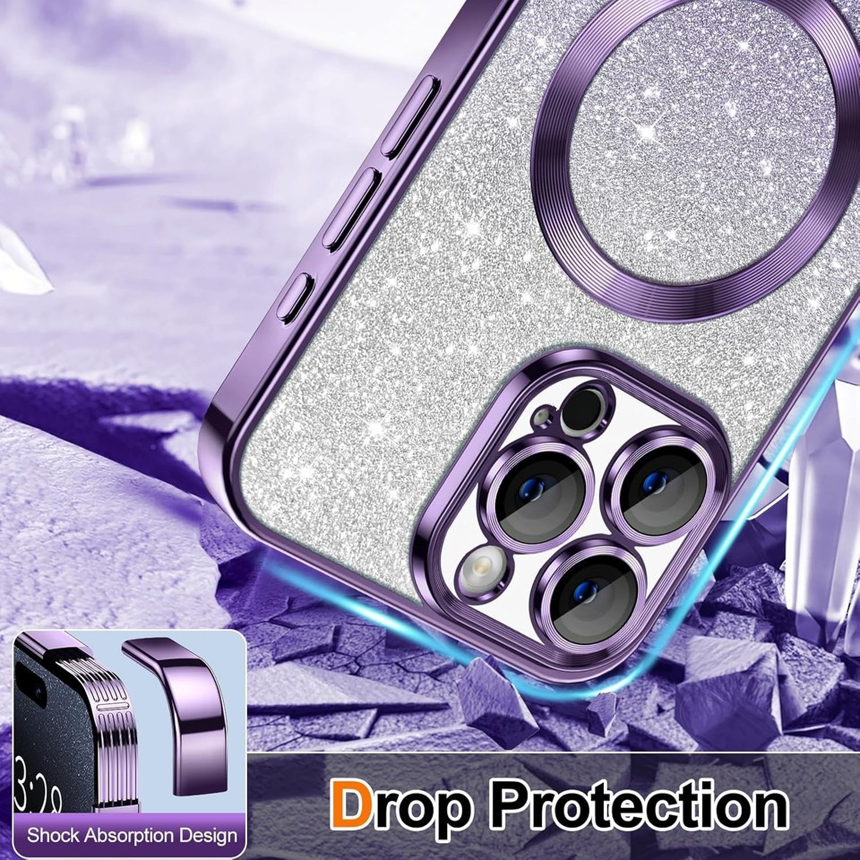 Hython for iPhone 15 Pro Max Case Purple Clear Magnetic Glitter Phone ...