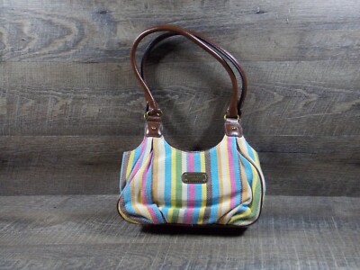 Rosetti Multicolor Striped Purse Handbag Brown Faux Leather Trim Double ...