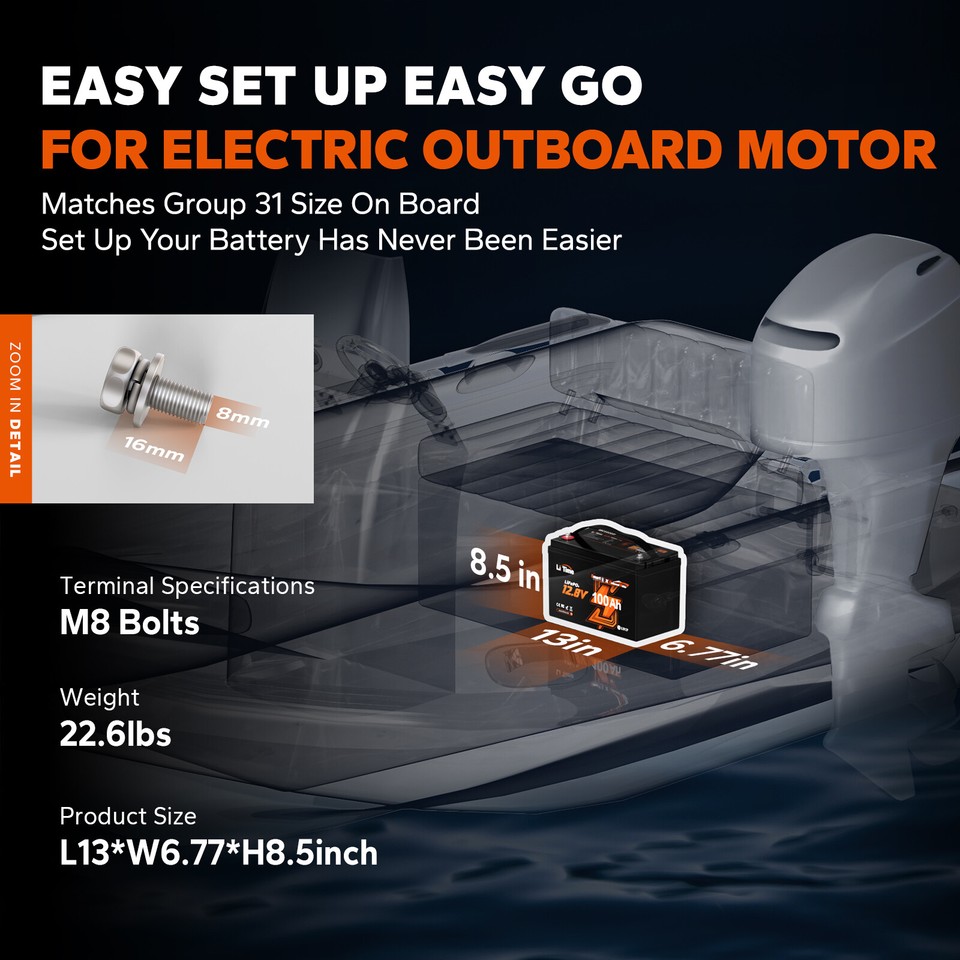 LiTime 12V 100Ah Trolling Motor Bluetooth LiFePO4 Lithium Battery For ...