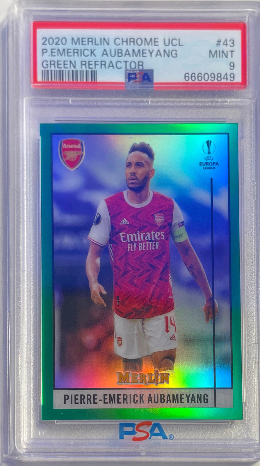 1/1 PIERRE EMERICK AUBAMEYANG 2020 MERLIN GREEN REFRACTOR #d 14/99 PSA ...