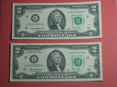 2 Consecutive Serial Number $2 Notes Two Dollar Bill Uncirculated 2013 ...