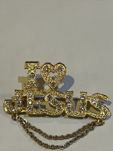 Vintage Bright Gold Tone I Love Heart Jesus Rhinestone Brooch Pin Made ...