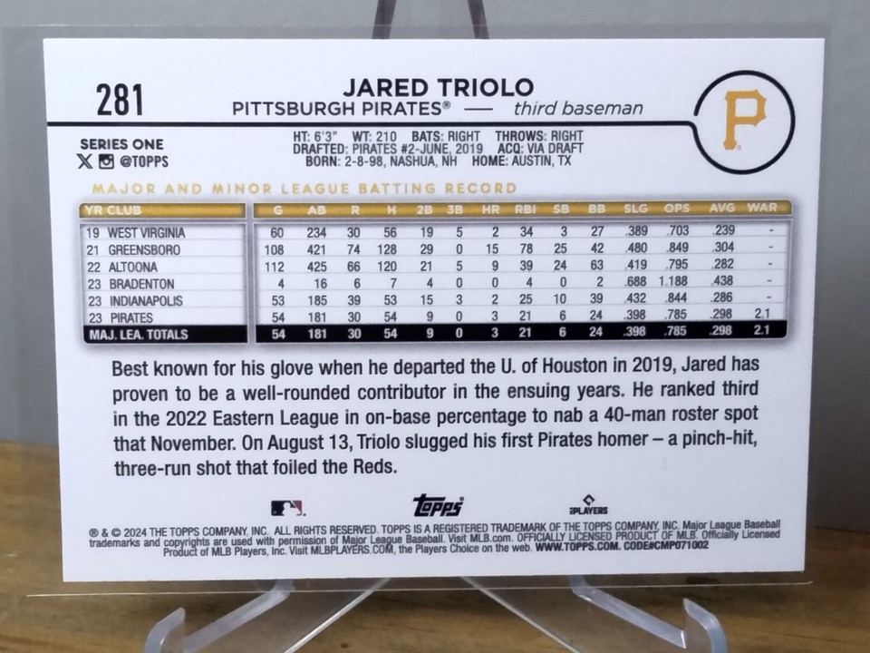 JARED TRIOLO 2024 TOPPS SERIES ONE BASEBALL ROOKIE CARD #281 Pittsburgh ...