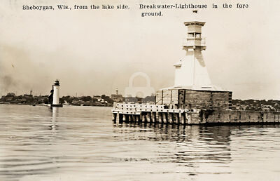 Sheboygan WI Wisconsin from lake, Breakwater-lighthouse 1909 RPPC ...