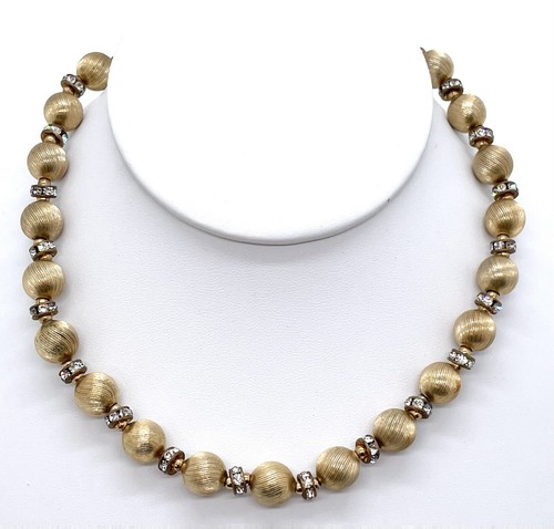 Vintage Brushed Gold Tone Metal Bead & Channel Set Rhinestones Choker ...