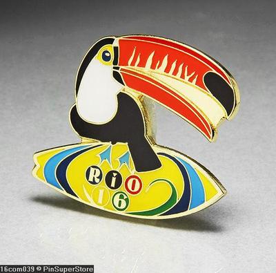 OLYMPIC PINS BADGE 2016 RIO DE JANEIRO BRAZIL TOUCAN BIRD SURFING GOLD ...