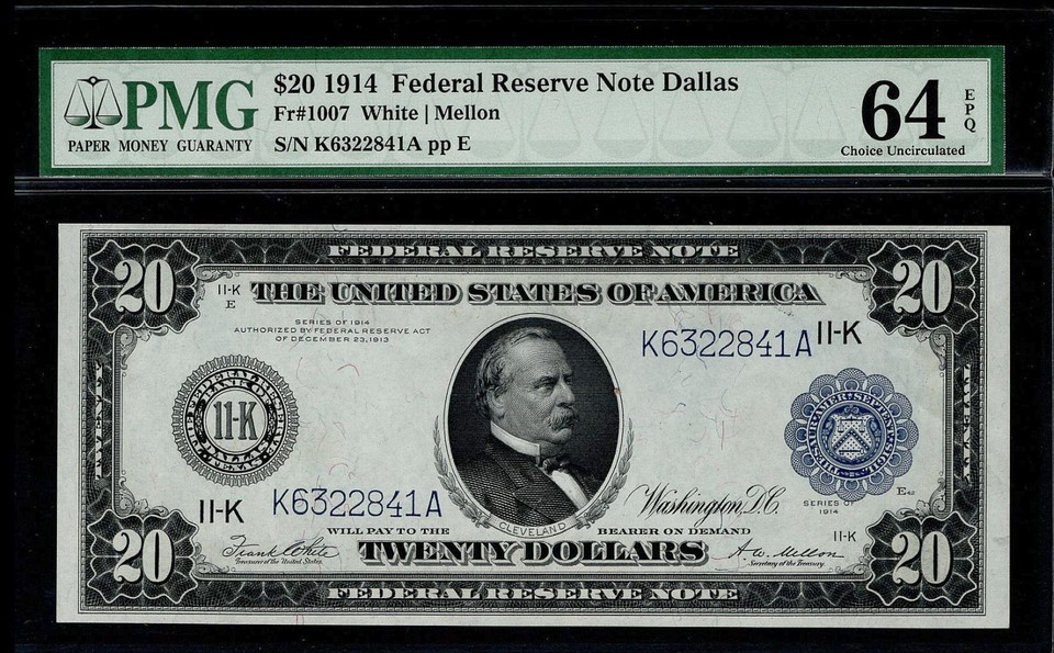 1914 $20 Federal Reserve Note Dallas District Fr.1007 White/Melon PMG ...