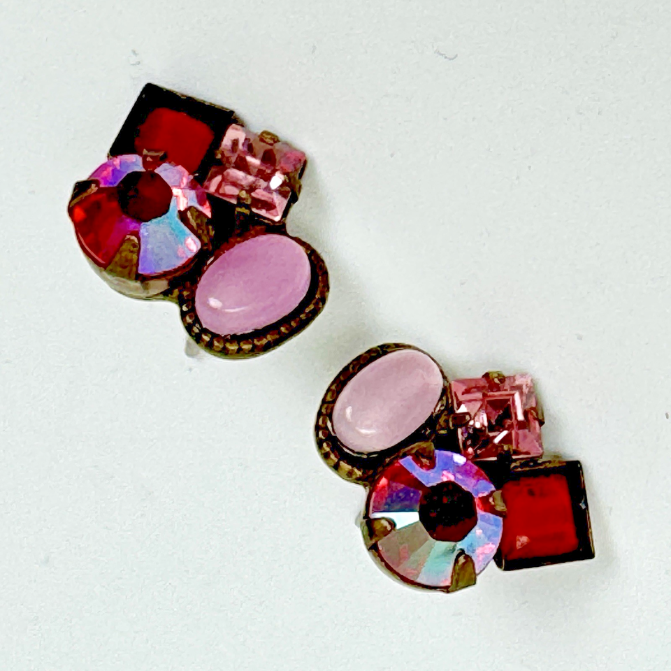 Vintage Sorrelli Small Cluster Post Pink Red Faceted Rhinestone ...