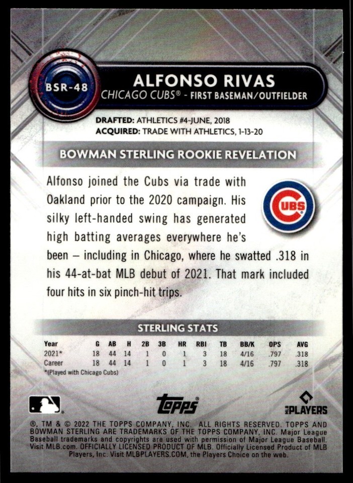 2022 Bowman Sterling Alfonso Rivas Rookie G16 Chicago Cubs #BSR-48 | eBay