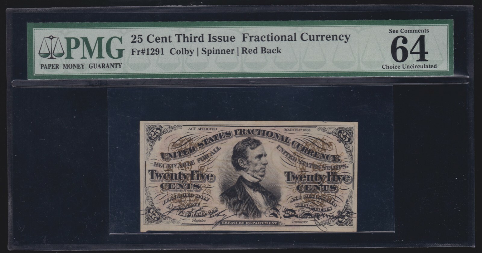 US 25c Fractional Currency Note 3rd Issue Red Back FR 1291 PMG 64 EPQ V ...