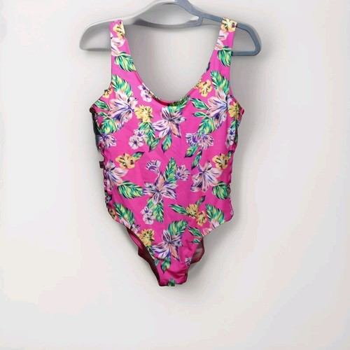 Women's Tank Style Pink 1 PC Bathing Suit Bright Floral Cross Sides ...