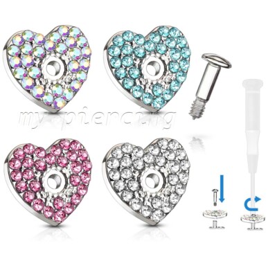 14G CZ Paved Heart Dermal Jacket and 316L Stainless Steel Pin Dermal ...