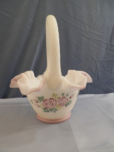 Fenton Hand Painted Satin Glass ROSE GARDEN Basket - Pink Roses Design ...