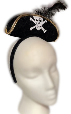 Mini PIRATE HAT HEADBAND Skull & Bones Black Plush Feather Cap ...