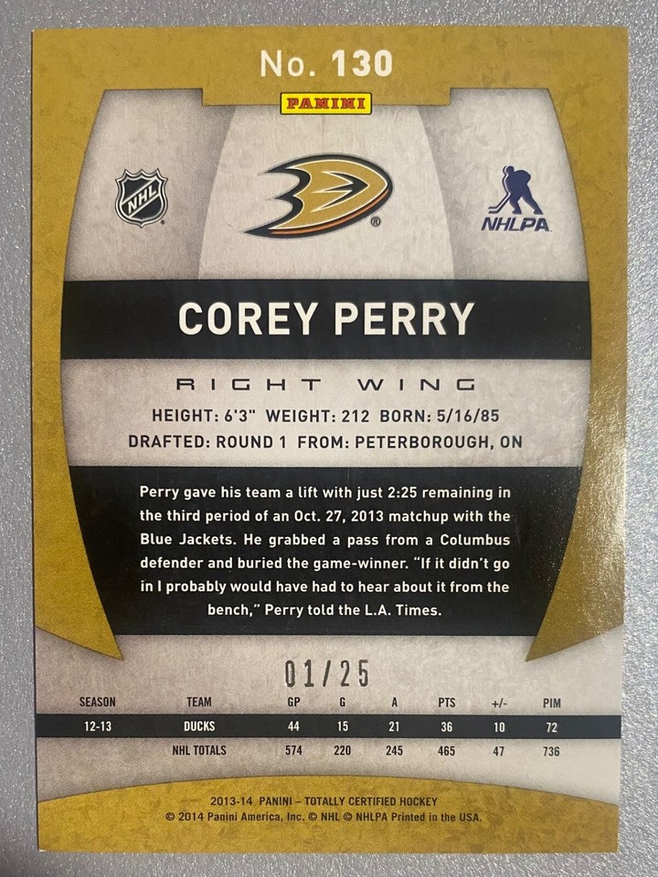 2013 TOTALLY CERTIFIED COREY PERRY MIRROR PLATINUM RED #'d 01/25 ...
