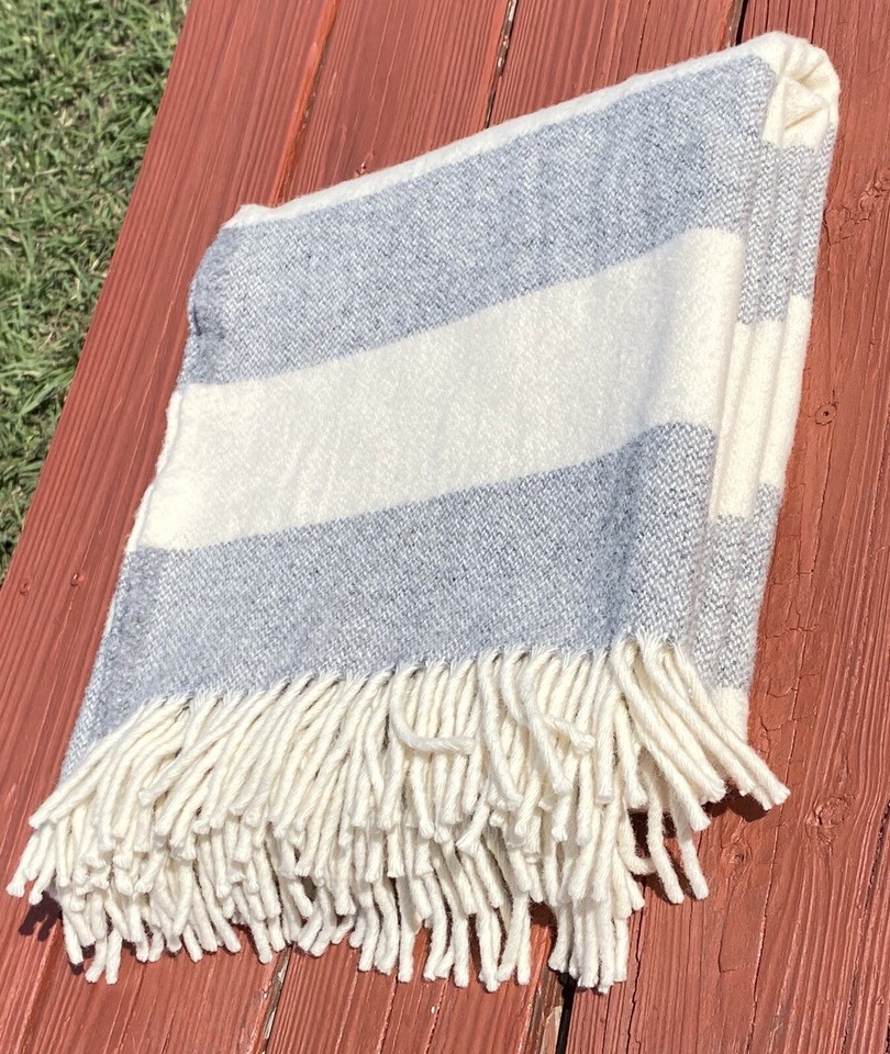 Fairbault Mill Cannon River Wool Blanket Gray Cream Handcrafted Stripe ...