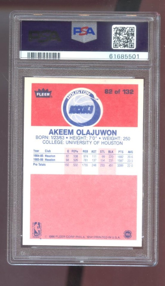 1986-87 Fleer #82 Akeem Olajuwon Hakeem ROOKIE RC PSA 6 Graded ...