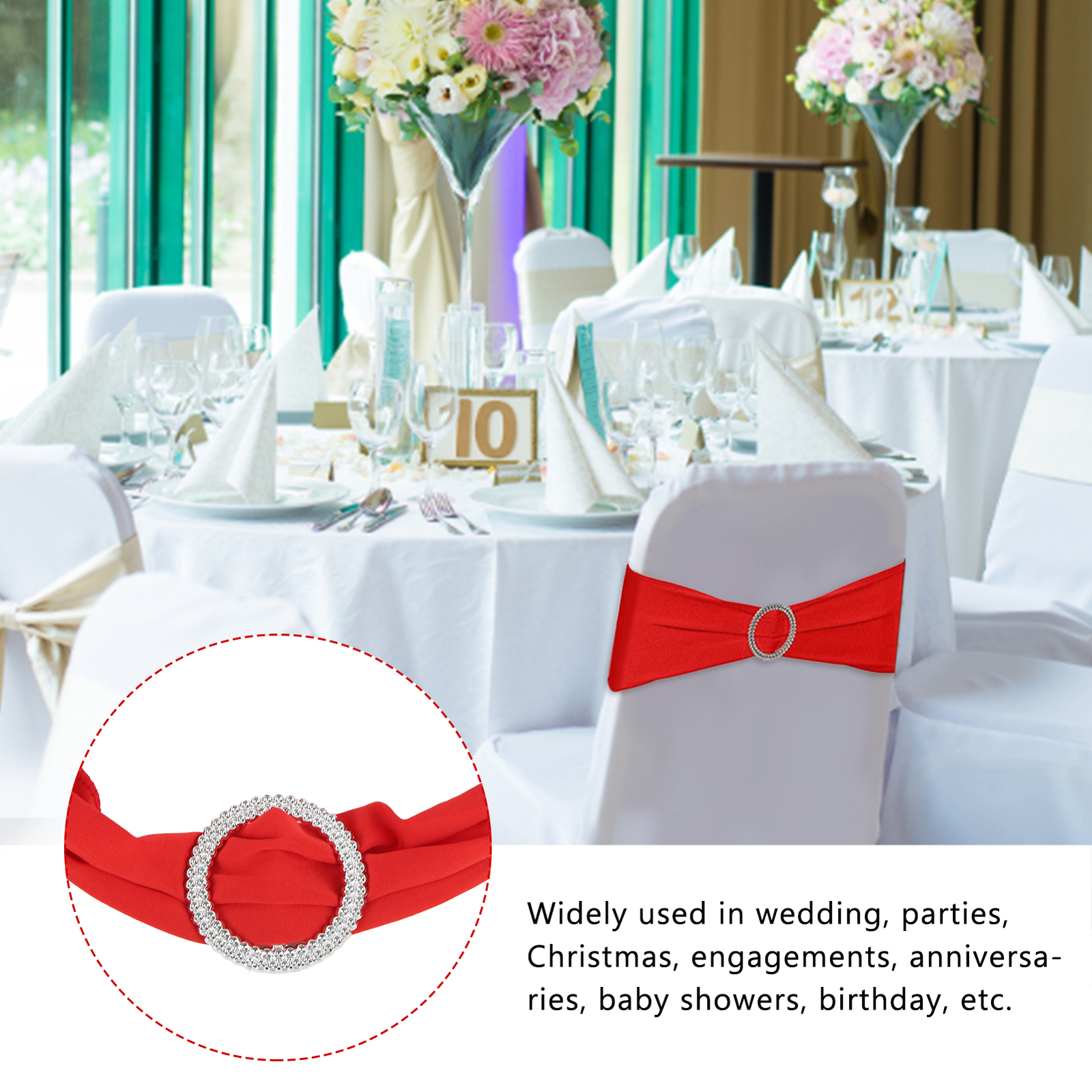 10x Red Chair Sash Elegant Style Polyester Rhinestone Buckle Slide ...
