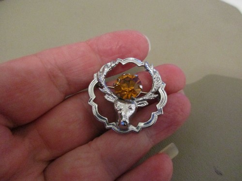 VINTAGE SILVER TONE SIGNED MIZPAH SCOTTISH STAG DEER BROOCH CITRINE ...