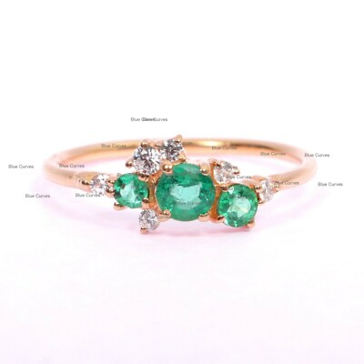 Real Emerald & Natural Diamond Wedding Cluster Ring Solid14k Yellow ...