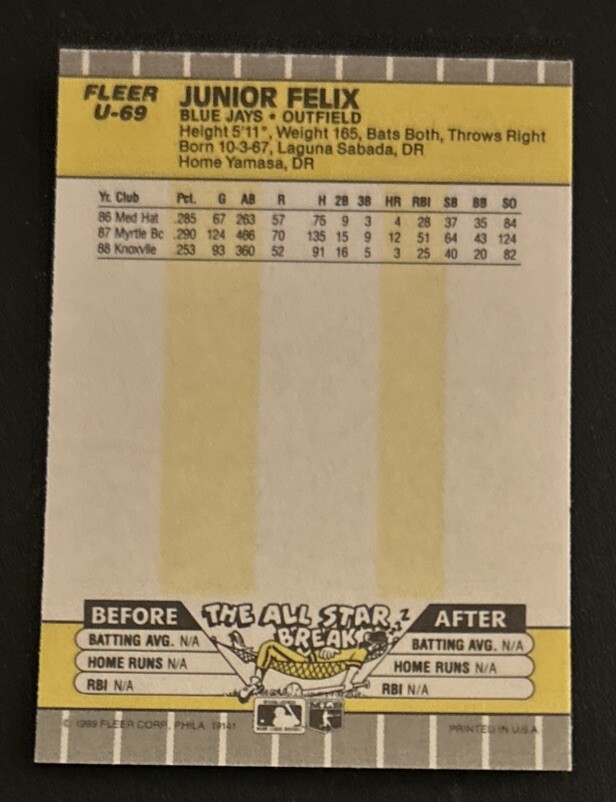 1989 Fleer Update Junior Felix Baseball Rookie Card RC #U-69 Blue Jays ...