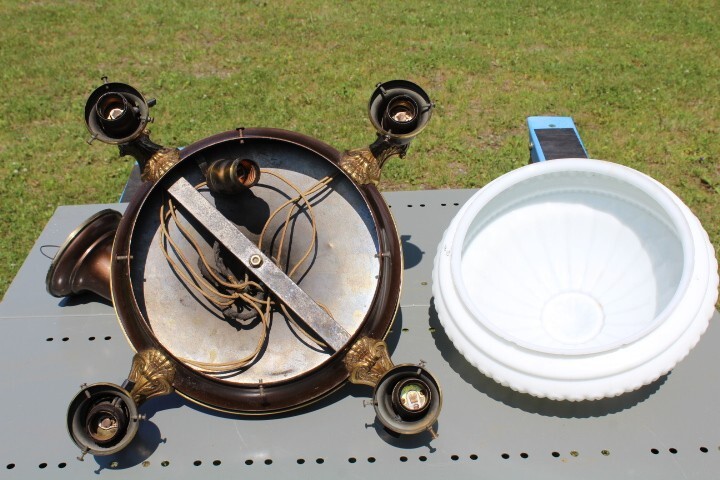 Antique Brass Pan Light 4 Arms Ceiling Fixture Chandelier Large Shade ...