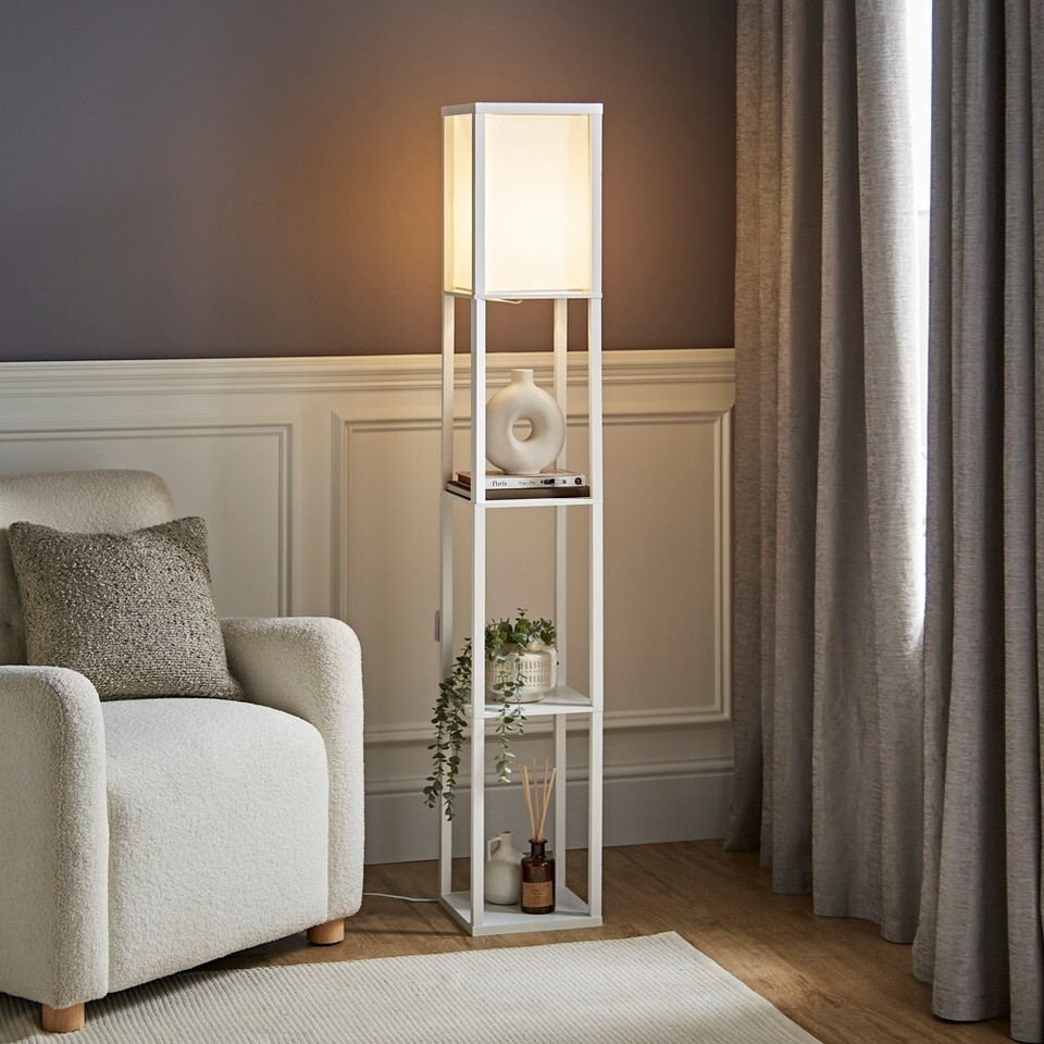 Floor Lamp Shelves Standard Shelf Storage Wooden Standing Living Room ...