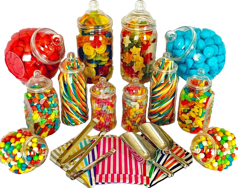 JUMBO Plastic Sweet Jars 12 jars 100 bags 2 Scoops 2 tongs DIY Candy ...