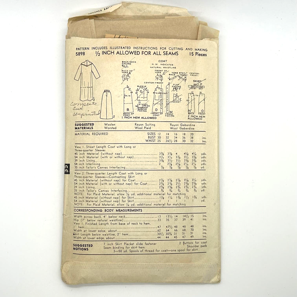 Advance Vintage 1950's? Pattern #5898 Women's Coat Size 14 HTF | eBay