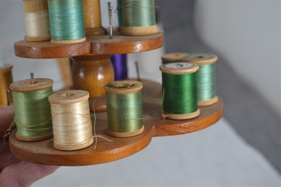 antique sewing stand thread holder pin cushion spool hand made 6x6 ...