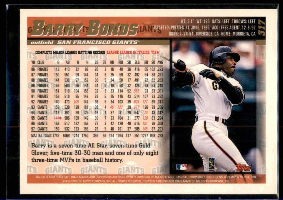1998 Topps Inaugural Devil Rays Barry Bonds #317 San Francisco Giants ...