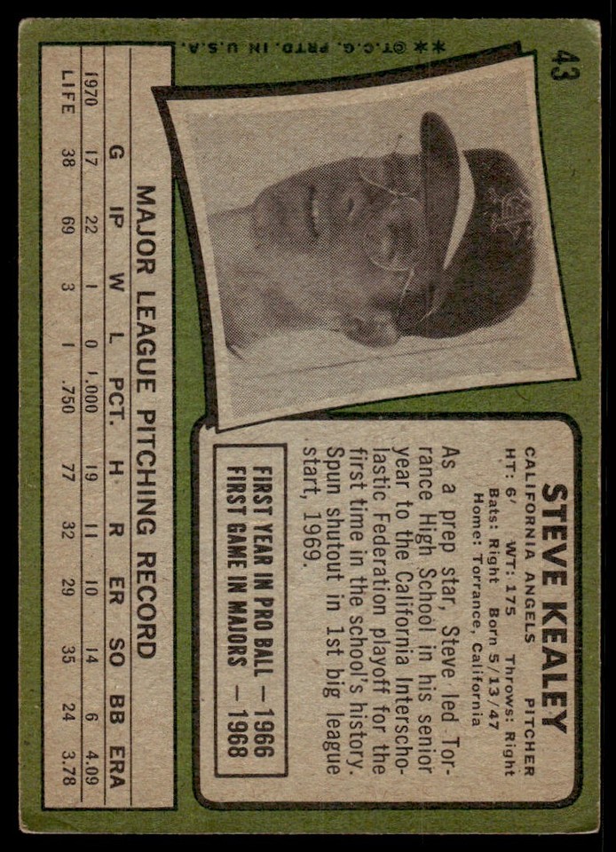 1971 Topps Baseball Card Steve Kealey B California Angels #43 | eBay