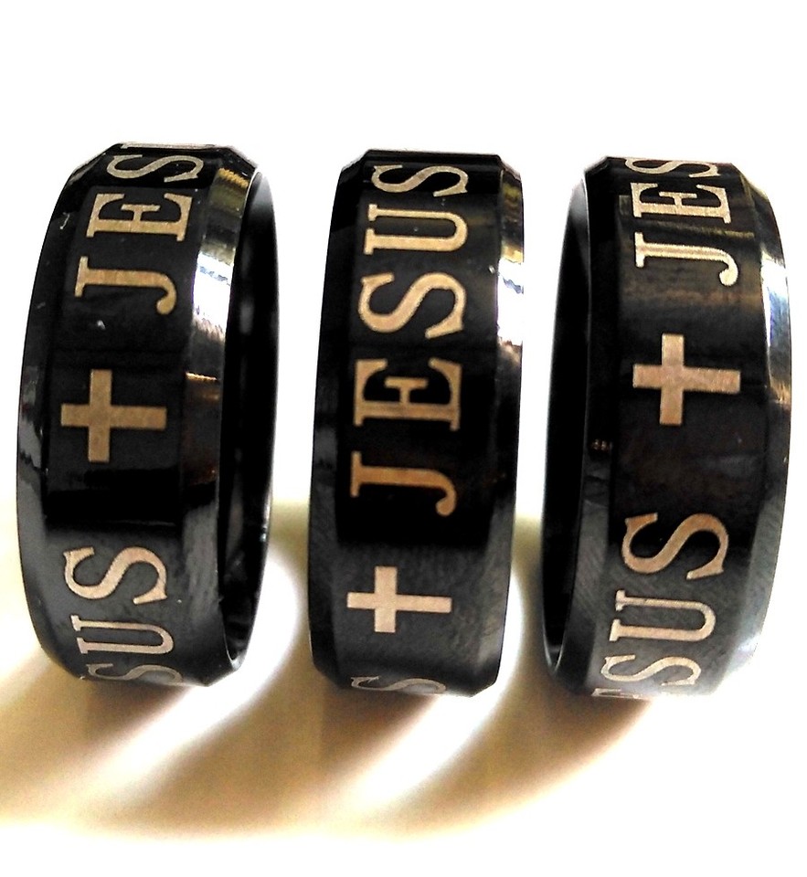 50 Men's Black JESUS CROSS Stainless Steel Religious Christian Rings ...
