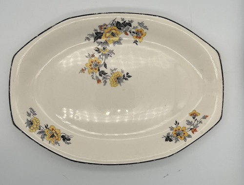 Homer Laughlin 1933 11x8” Platter Medieval Rose Yellow Flowers Black ...