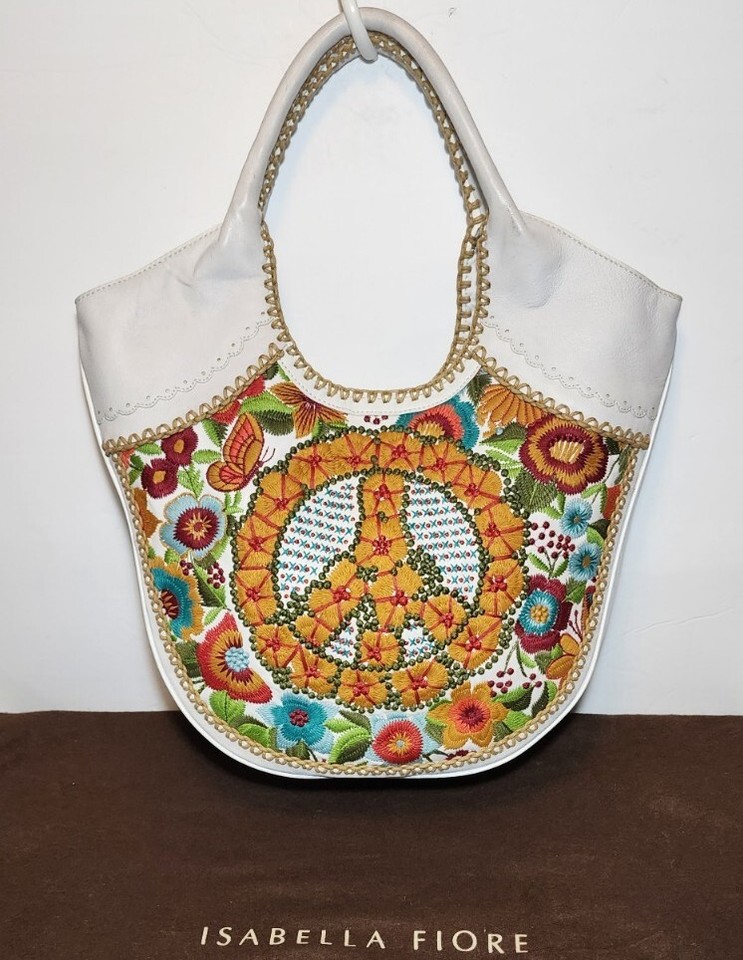 ISABELLA FIORE SAKS PEACE SIGN PIPER EMBROIDERED LEATHER HOBO HANDBAG ...