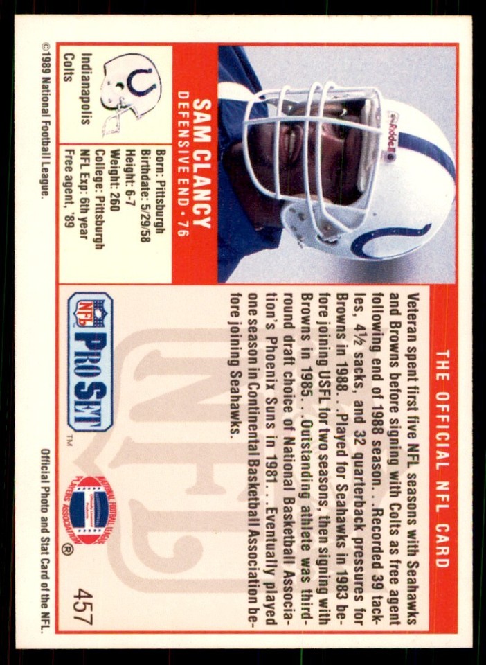 1989 Pro Set. Sam Clancy Football Cards #457 | eBay