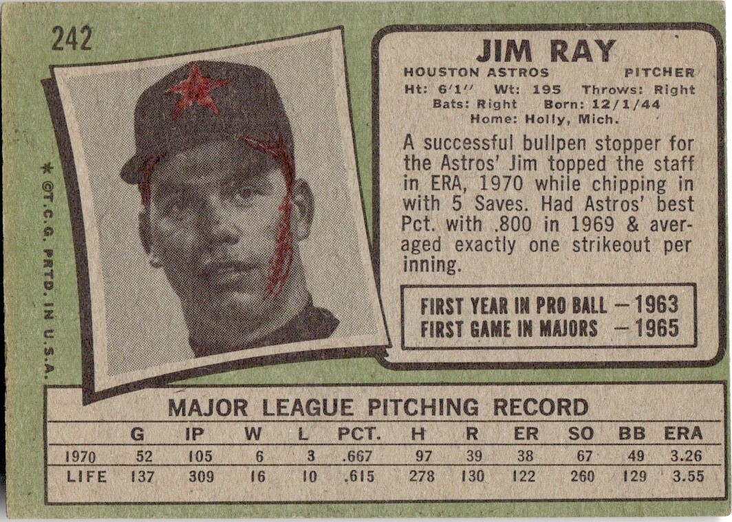 1971 Topps Baseball Jim Ray Houston Astros #242 EX | eBay