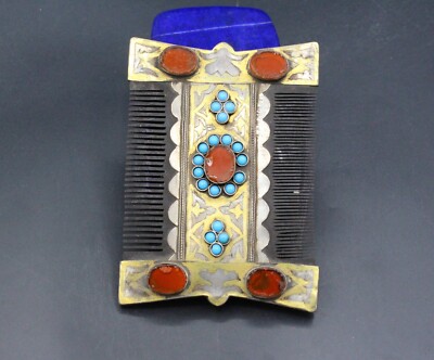 Afghan Turkmen Comb, Alpaka Gold Plated Comb, Wooden Comb, Glass Stones ...