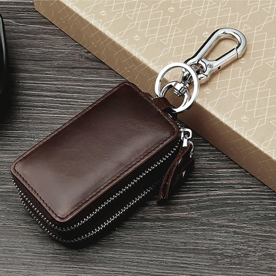 Key Wallet Genuine Leather Car Key Holder Case Keychain Bag Dual Zipper ...