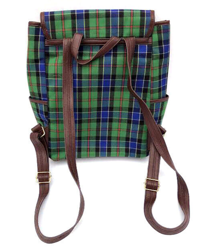 Green wool plaid tartan + brown leather gold metal Preppy backpack bag ...