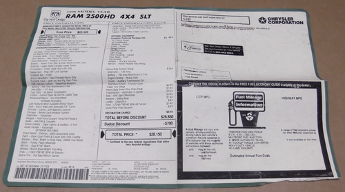 1998 DODGE RAM 2500 HD 4X4 SLT ORIGINAL WINDOW STICKER★★ | eBay