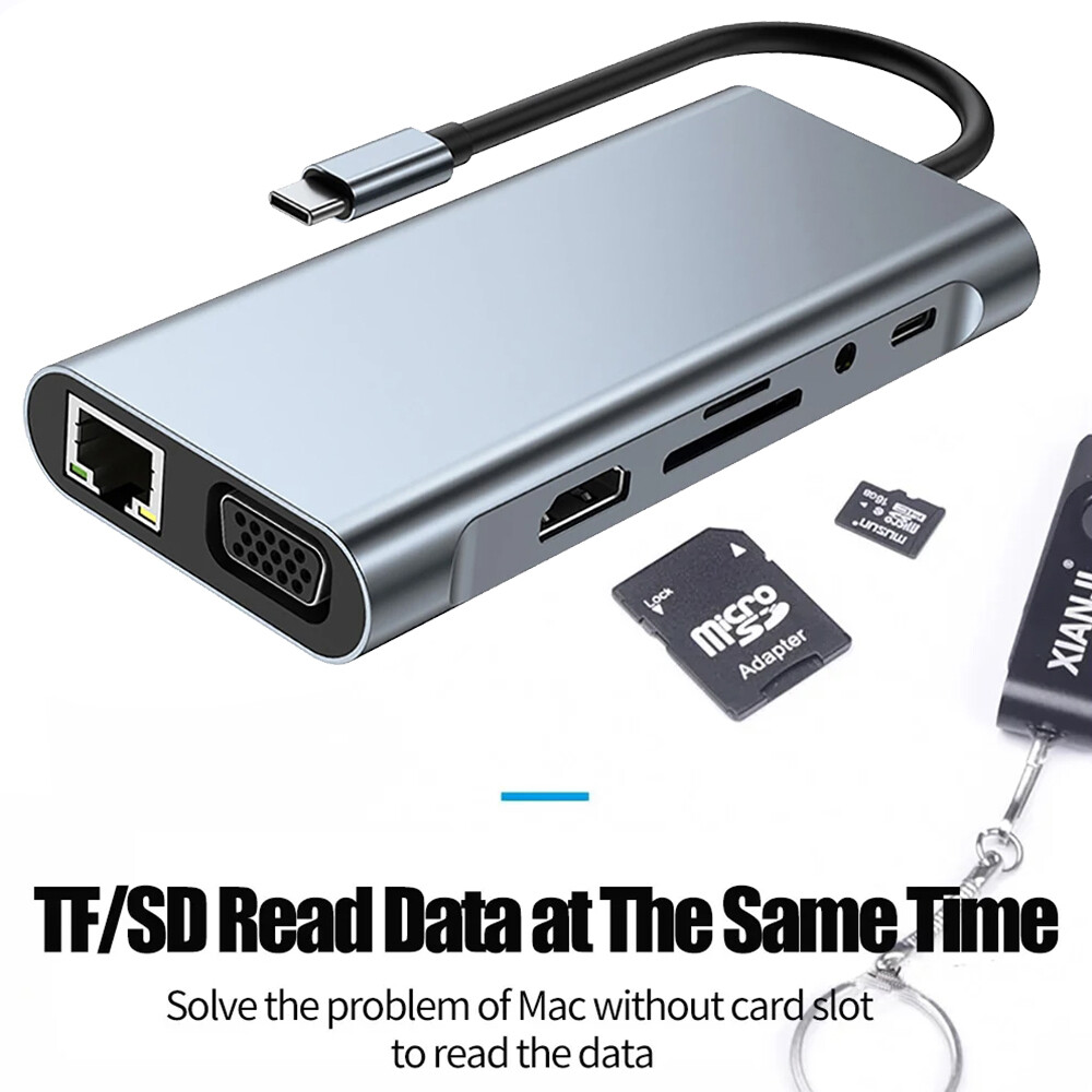 10 in 1 Multiport USB-C Type C Hub To USB 3.0 4K HDMI RJ45 SD TF Ports ...