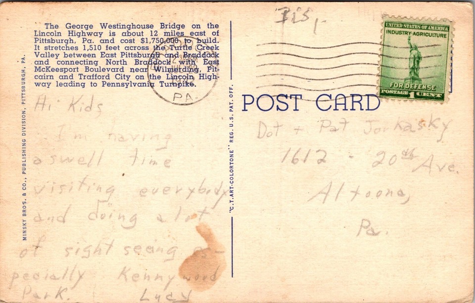 Postcard George Westinghouse Memorial Bridge & Plants on Lincoln ...