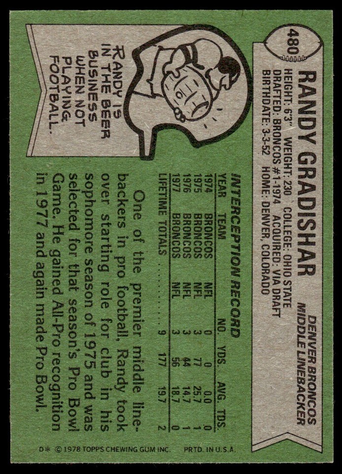 1978 TOPPS RANDY GRADISHAR DENVER BRONCOS #480 | eBay