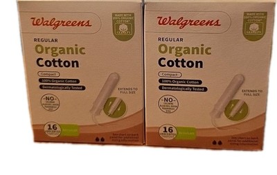 Walgreens 100% Organic Cotton Tampons UNSENTED Regular 16 Count Each ...