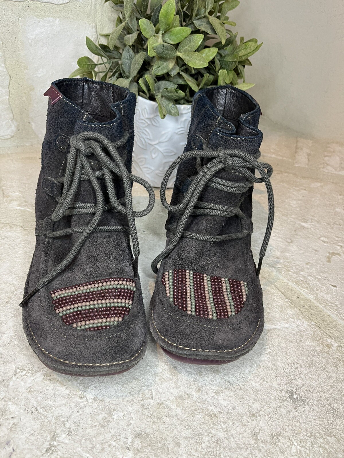 Camper Twins chocolate brown beaded foot ankle moccas… - Gem