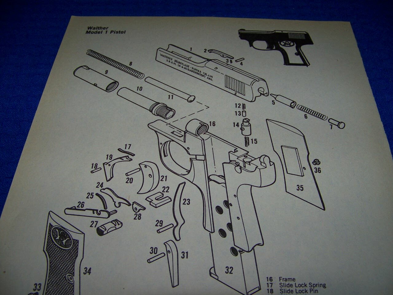 WALTHER MODEL 1 PISTOL & WALTHER P-38 PISTOL..LEGEND/EXPLODED VIEW ...