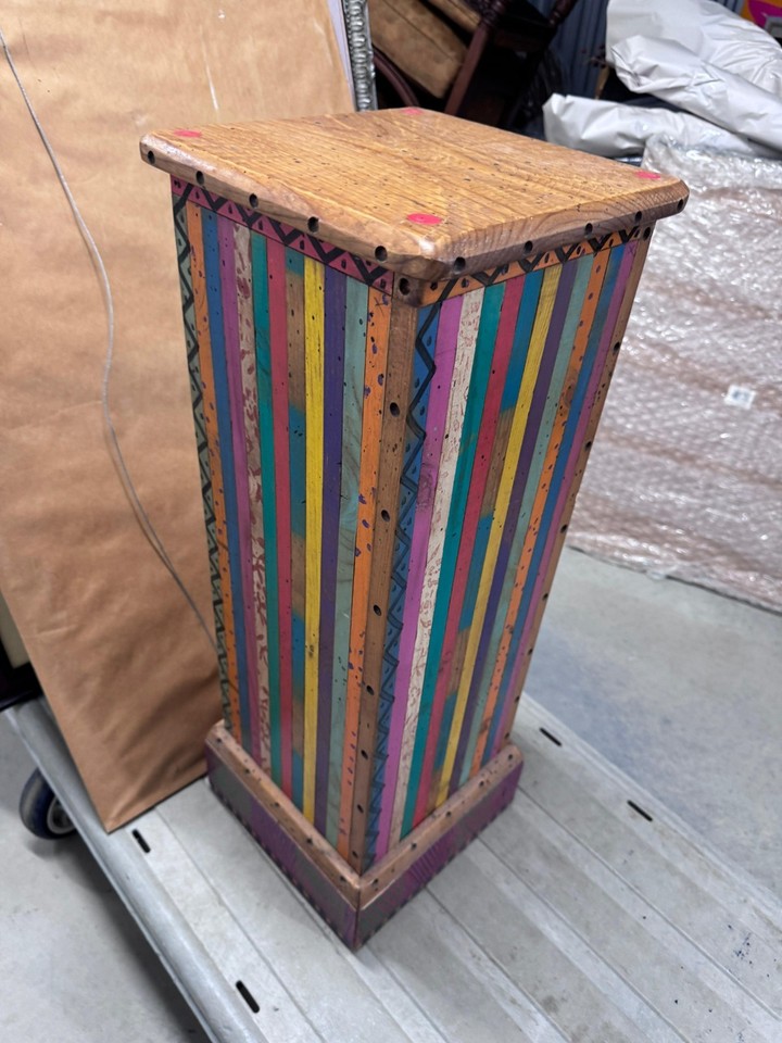Hand-Painted Colorful Wooden Pedestal Stand – Folk Art Display Column ...