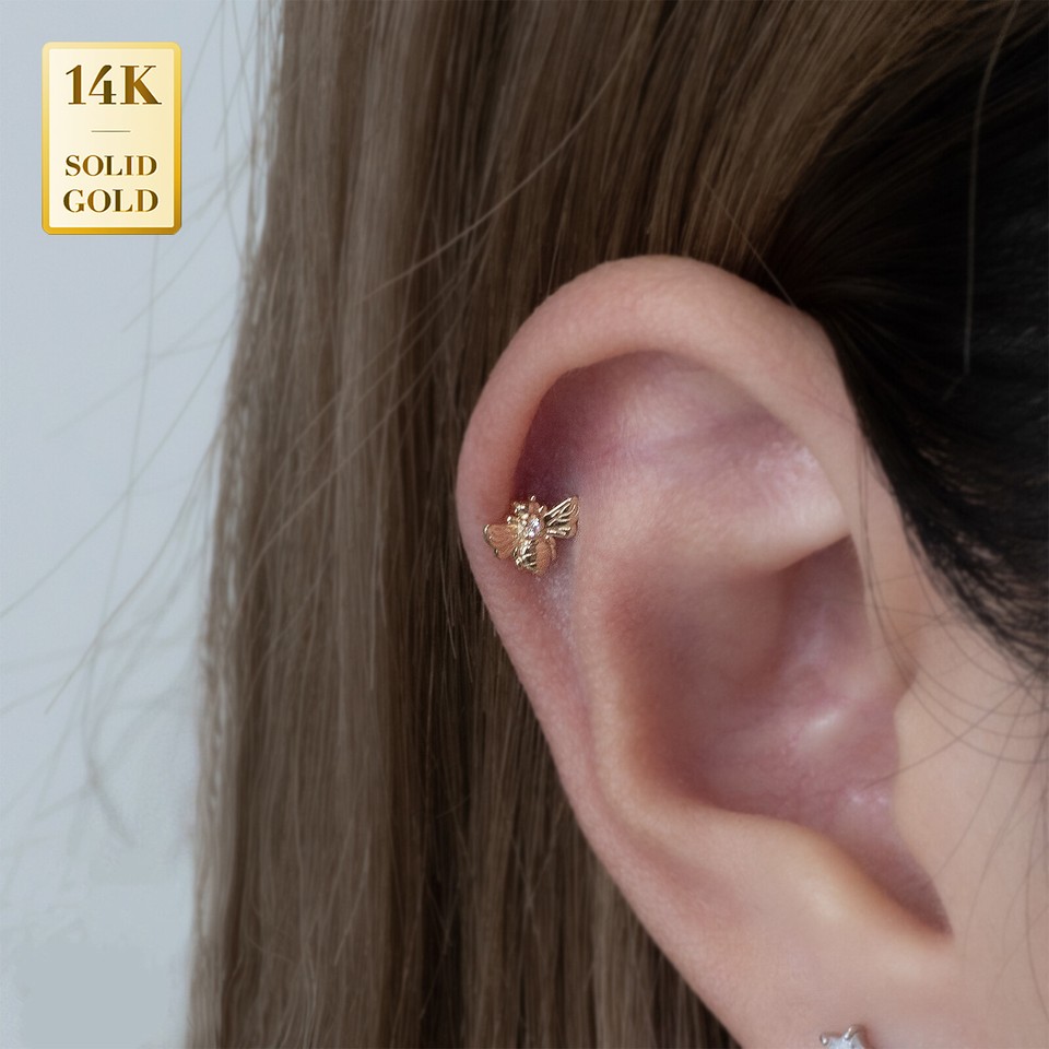 14K REAL Solid Gold Queen Bee Ear Cartilage Stud Earring Piercing 18 ...